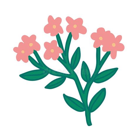 Twig With Flowers And Leaves Cute Hand Drawn Vector Illustration Stock