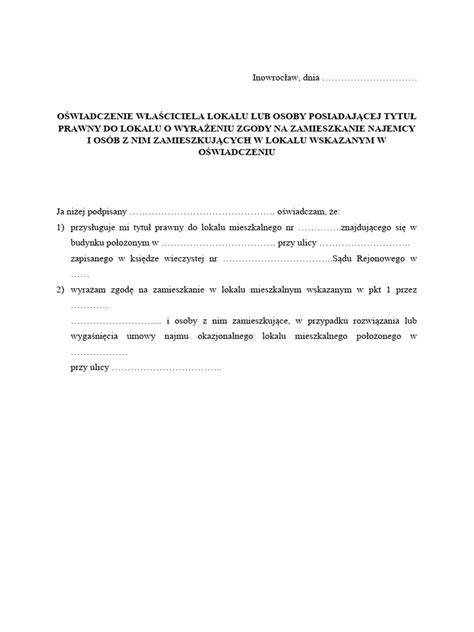 Oświadczenie Wyrażające Zgodę Na Zamieszkanie Najemcy Najem Okazjonalny