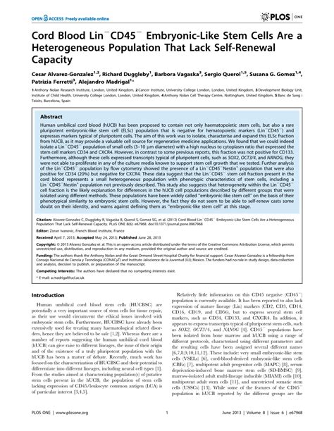 Pdf Cord Blood Lin−cd45− Embryonic Like Stem Cells Are A