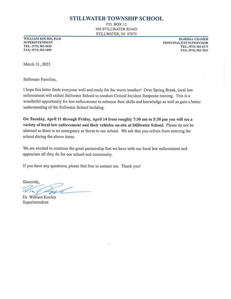 Stillwater School Critical Incident Training Letter Stillwater Township
