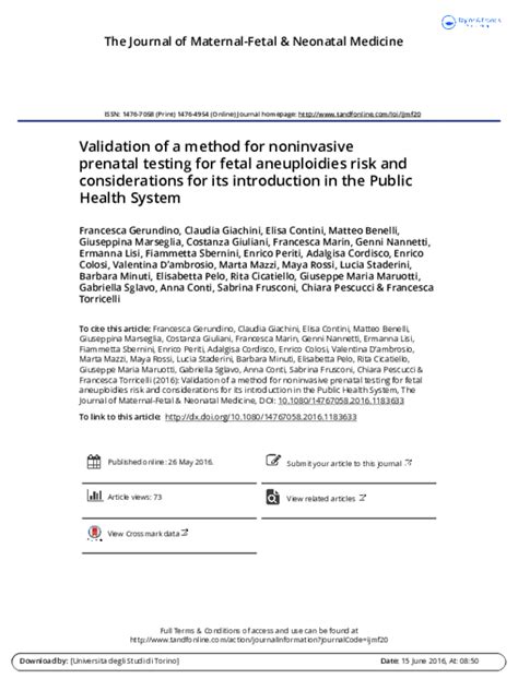 Pdf Validation Of A Method For Noninvasive Prenatal Testing For Fetal Aneuploidies Risk And