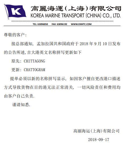 紧急通知这个港口正式更名请尽快和收货人联系是否要修改提单信用证 孟加拉国