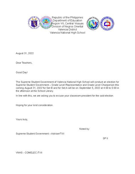 Election Notification Letter For Grade Level Representatives At Vnhs