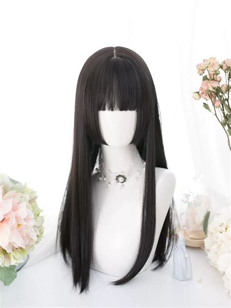 Huaisu Long Black Straight Hair Wig With Bangs Synthetic High Density