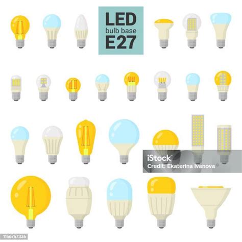 Led 燈 E27 燈泡向量彩色圖示集向量圖形及更多發光二極管圖片 發光二極管 電燈泡 一組物體 Istock