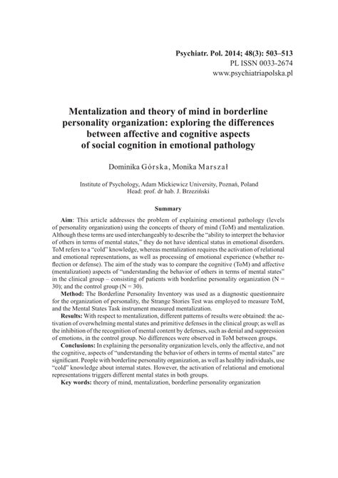 Pdf Mentalization And Theory Of Mind In Borderline Personality Organization Exploring The