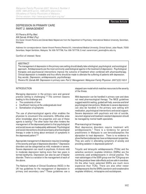 Depression Primary Care Part2 Pdf Antidepressant Major Depressive