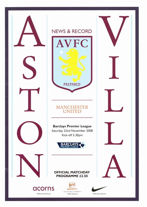 22nd November 2008 Aston Villa V Manchester United Premier League 2008