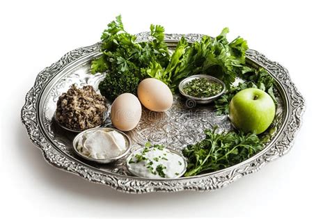 Pesach Seder Plate With Symbolic Elements Isolated On White Background Stock Illustration