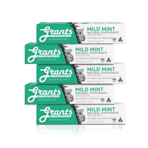 5x110g Grants Organic Mild Mint Toothpaste With Aloe Vera Relieve