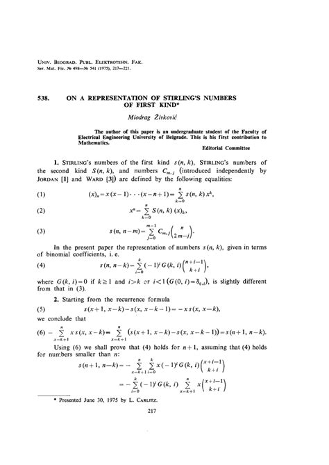 Pdf On A Representation Of Stirlings Numbers Of First Kind