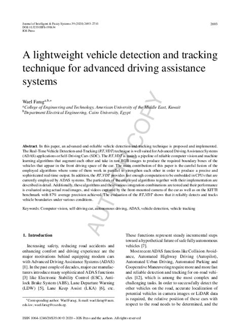 Pdf A Lightweight Vehicle Detection And Tracking Technique For Advanced Driving Assistance Systems