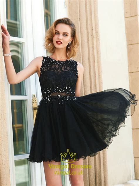 Black Sleeveless Short A Line Tulle Homecoming Dress With Lace Bodice