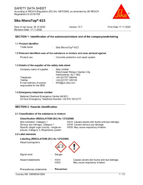 Sika Monotop 615 Safety Datasheet Sika Limited Nbs Source