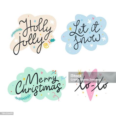 손으로 그린 낙서와 삽화로 장식 된 크리스마스에 대한 손으로 쓴 글자 문구 세트 축제 스티커 카드 또는 배너로 좋습니다 0명에 대한 스톡 벡터 아트 및 기타 이미지 Istock