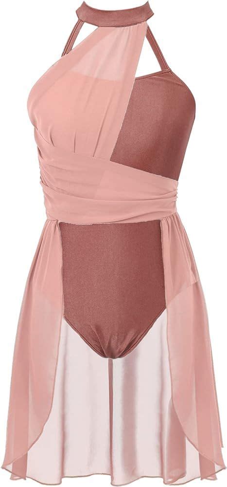 Feeshow Lyrical Women Adults Sleeveless Mesh Color Block Leotard Dress