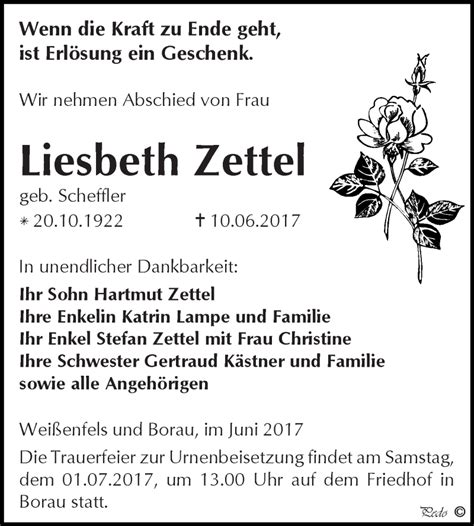 Traueranzeigen Von Liesbeth Zettel Abschied Nehmen De