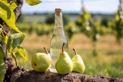 Premium Ai Image A Bottle Of Pear Cider And Pears On A Tree In The Garden