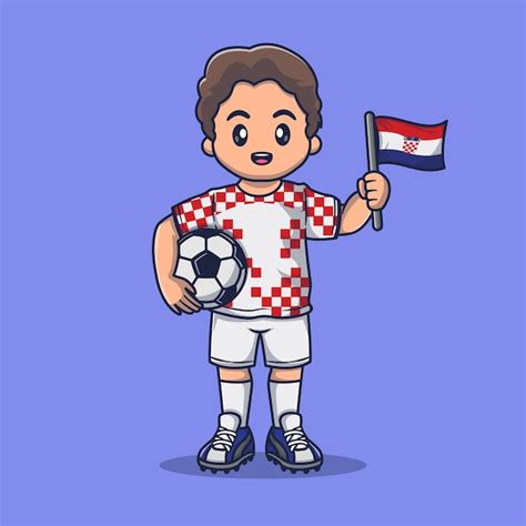 국기와 공 만화 벡터 아이콘 그림을 들고 키트에 귀여운 크로아티아 축구 선수 프리미엄 벡터