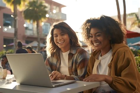 Premium Ai Image Two Women Sit At A Table With A Laptop And Smile