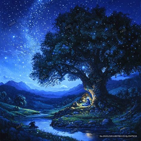 Ai创作图星月河幻想插画 神秘梦幻的大树 仙境古树插画 大树梦幻森林 意境图片星月山川挂图 梦幻场景插画 梦幻夜景插画 秘密树屋插画 魔法森林