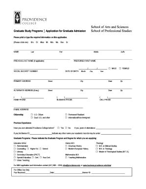 Fillable Online Providence Graduate Study Programs Application For