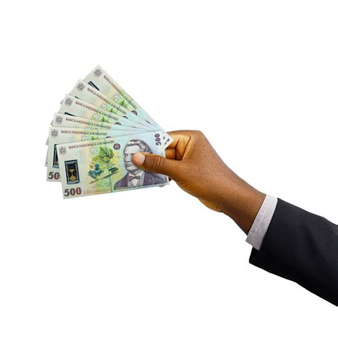Black Hand With Suit Holding 3D Rendered Romanian Leu Notes Isolated On