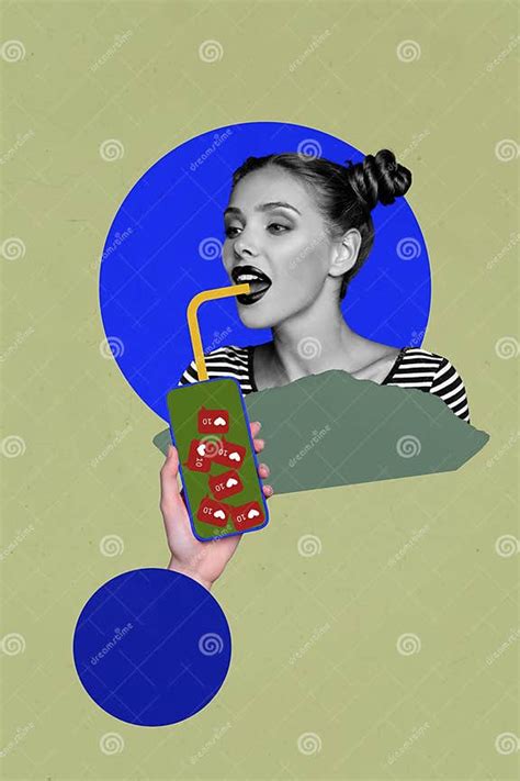 Vertical Collage Picture Young Girl Drink Cocktail Smartphone Device