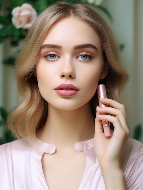 Premium Ai Image The Face Of A Woman Holding A Lipstick In Her Front