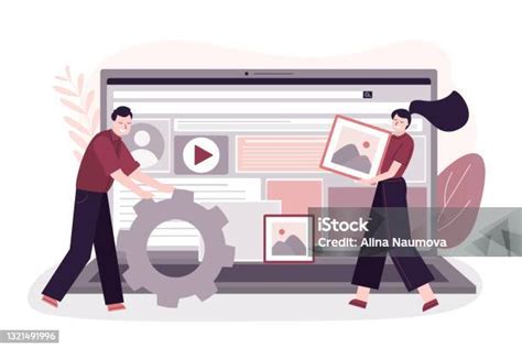Ui 및 Ux 디자이너는 랩톱에서 웹 사이트를 구축합니다 직원들이 인터넷 사이트를 코딩합니다 아이콘과 장비를 들고 프로그래머 개발에 대한 스톡 벡터 아트 및 기타 이미지