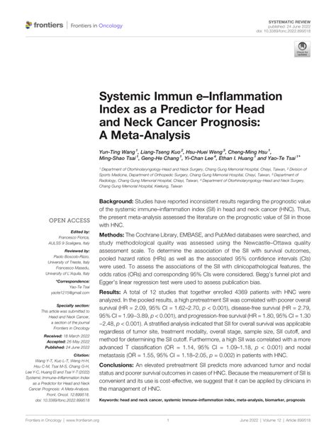 Pdf Systemic Immun Einflammation Index As A Predictor For Head And