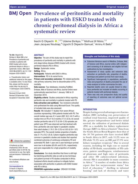 Pdf Prevalence Of Peritonitis And Mortality In Patients With Eskd