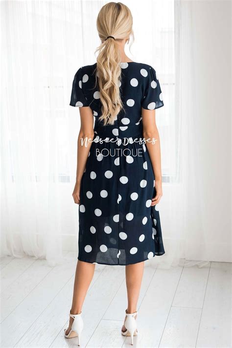 Navy Large Polka Dots Modest Dresses Best Place To Buy Modest Dress