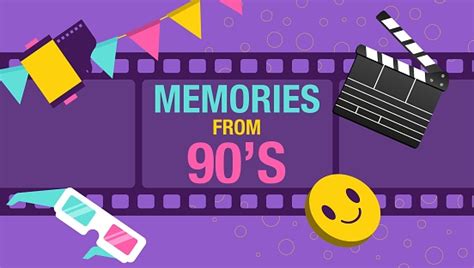 90 년대의 추억레트로 스타일 포스터 벡터 일러스트레이션 포토 필름 3d 안경 및 클래퍼 보드가있는 다채로운 배너 파티 초대장 개념 3d 안경에 대한 스톡 벡터 아트 및