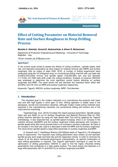 Pdf Effect Of Cutting Parameter On Material Removal Rate And Surface Roughness In Deep