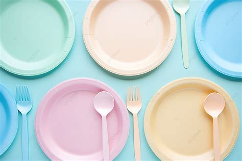 파란색과 파스텔 색상의 숟가락과 포크가 있는 접시 5개 고해상 미니멀리즘 민트색 배경 일러스트 및 사진 무료 다운로드 Pngtree