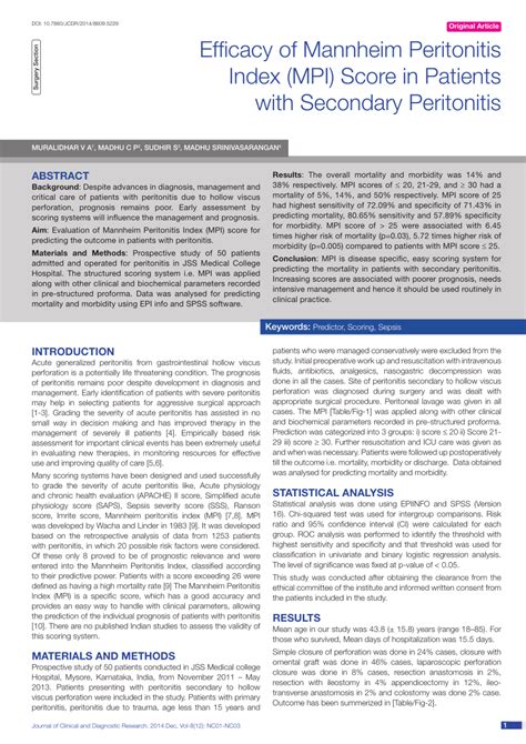Pdf Efficacy Of Mannheim Peritonitis Index Mpi Score In Patients With Secondary Peritonitis