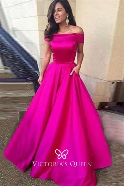 Off Shoulder Floor Length Fuchsia Satin Prom Ball Gown Vq