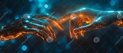Close Up Of Robot And Human Hands Touching On Big Data Network Connection Background Artificial