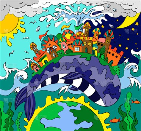 童话故事行星夜晚白昼矢量绘画插图城市鲸抽象色彩鲜艳素材 花瓣网