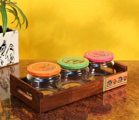 Buy Madhubani Art Handcrafted Wooden Tray With Glass Jars At 29 Off