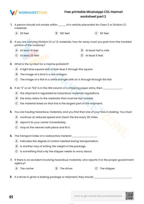 Free Printable Mississippi CDL Hazmat Worksheet Part 2
