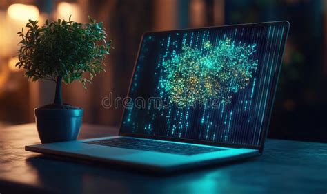 Digital Tree Visualization On Laptop Screen With Glowing Data Patterns And Plant Stock Image