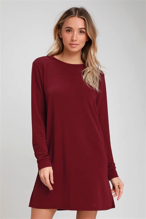 Cute Burgundy Dress Long Sleeve Shift Dress Sweater Dress Lulus