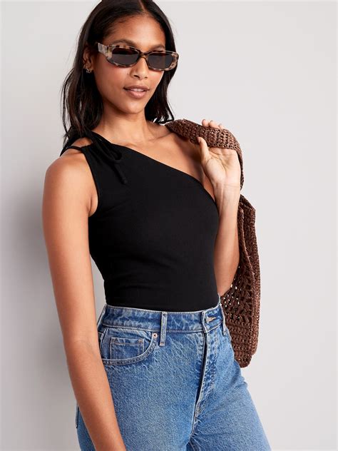 Fitted One Shoulder Rib Knit Double Tie Strap Top Old Navy