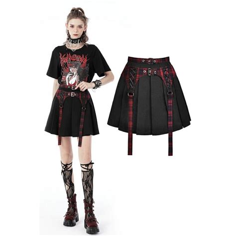 Womens Punk Rock Pleated Skirt With Red Plaid Strap Punk Design