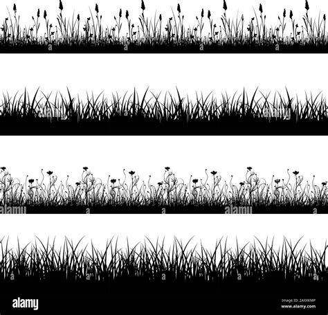 Seamless Wild Herbs Flowers And Grass Silhouettes Vector Set Grass