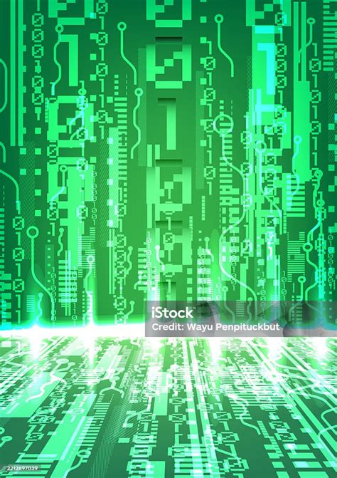 Digital Circuitry Abstraction 조명이 켜진 녹색 선과 기하학적 모양을 통해 표현되는 디지털 회로의 시각적으로 매혹적인 추상적 묘사입니다 0명에 대한