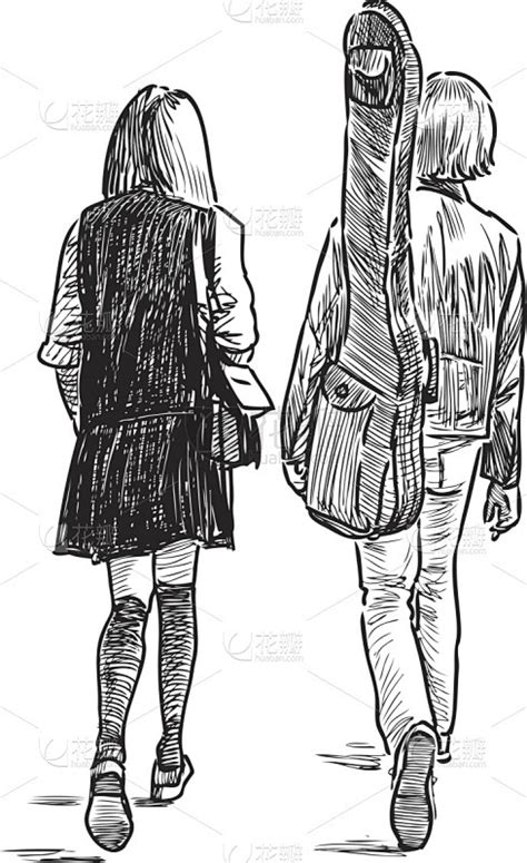 大步行走 背面视角 现代 儿童 铅笔画 行人 户外 草图 绘画插图 音乐人