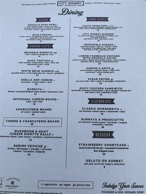 Menu At City Winery Nashville Pub And Bar Nashville